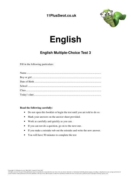 11 Plus Swot English Multiple Choice Paper 3