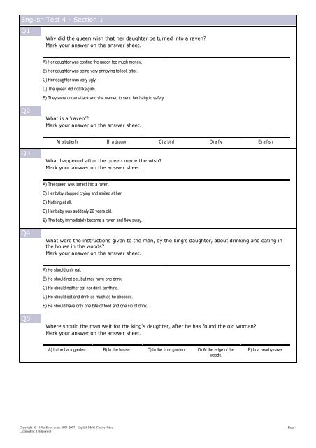 11 Plus Swot English Multiple Choice Paper 4