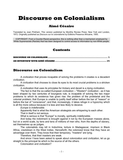 Aime Cesaire Discourse On Colonialism