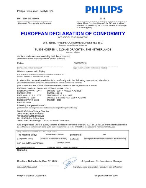 Philips Fidelio Enceinte sans fil SoundRing - Déclaration de conformité - FRA