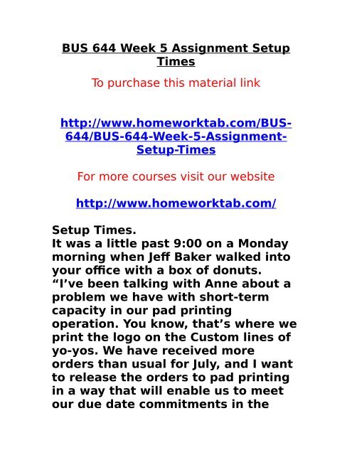 BUS 644 Week 5 Assignment Setup Times