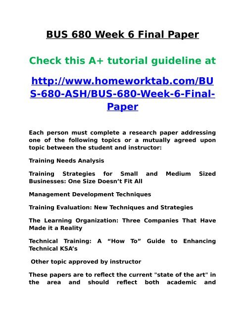 BUS 680 Week 6 Final Paper