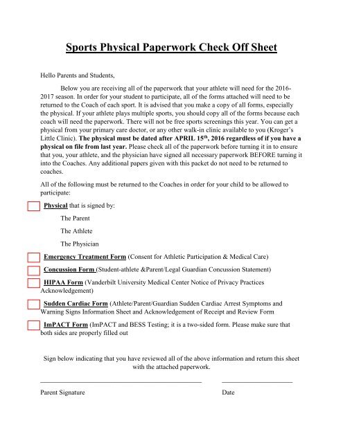 Sports Physical Paperwork Check Off Sheet