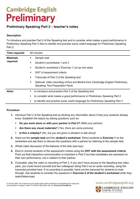 Preliminary Speaking Part 2 – teacher’s notes