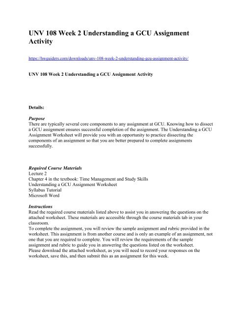 UNV 108 Week 2 Understanding a GCU Assignment Activity