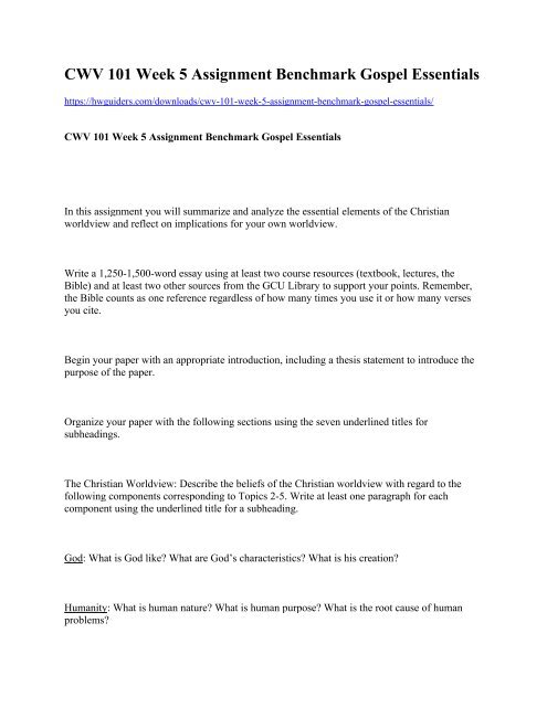 CWV 101 Week 5 Assignment Benchmark Gospel Essentials