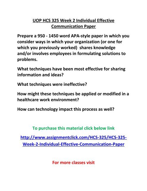 UOP HCS 325 Week 2 Individual Effective Communication Paper