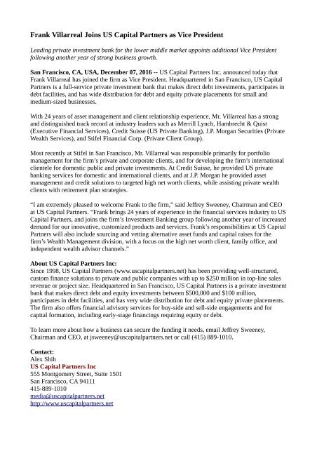 Frank Villarreal Joins US Capital Partners as Vice President