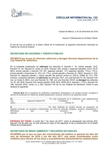 CIRCULAR INFORMATIVA No 122