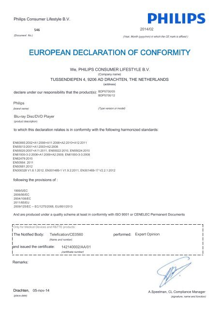 Philips Lecteur de disques Blu-ray - Déclaration de conformité - ENG