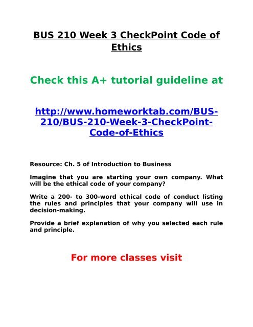 BUS 210 Week 3 CheckPoint Code of Ethics