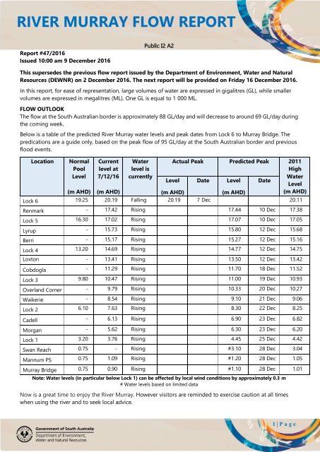 RIVER MURRAY FLOW REPORT