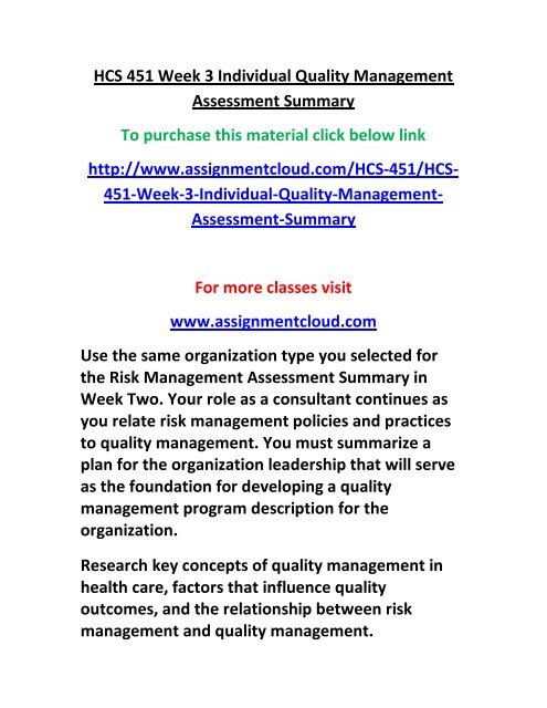 UOP HCS 451 Week 3 Individual Quality Management Assessment Summary