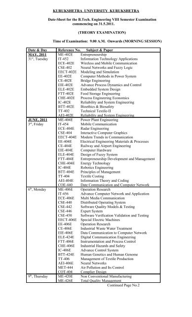 KUK Date Sheet - Kurukshetra University