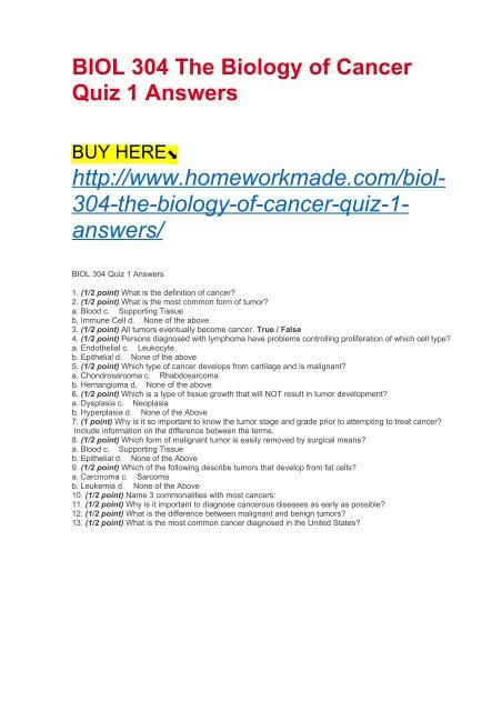 BIOL 304 The Biology of Cancer Quiz 1 Answers