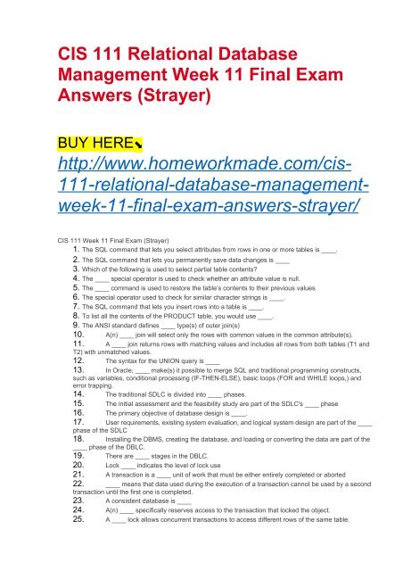 CIS 111 Relational Database Management Week 11 Final Exam Answers (Strayer)