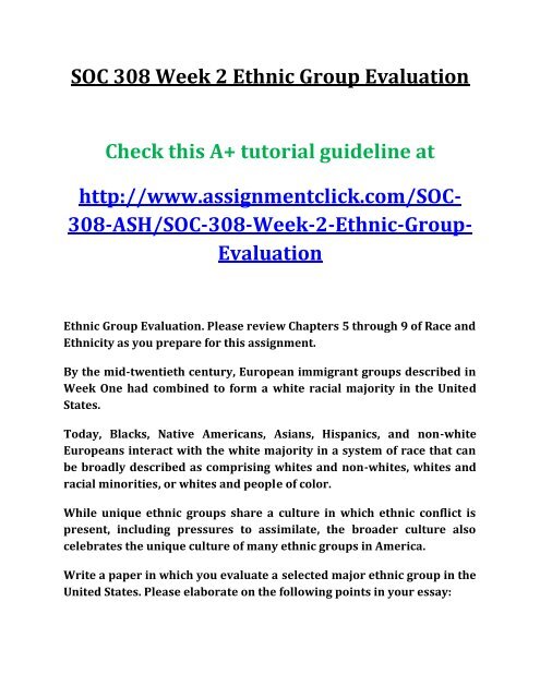 ASH SOC 308 Week 2 Ethnic Group Evaluation