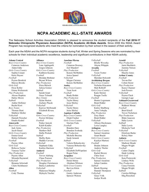 NCPA ACADEMIC ALL-STATE AWARDS