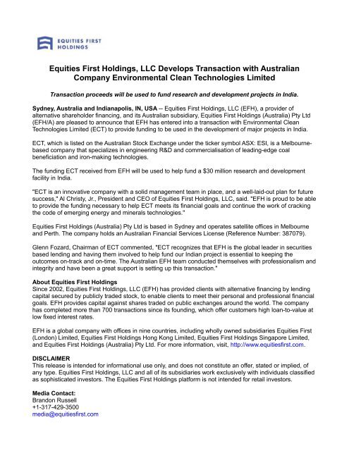 Equities First Holdings, LLC Develops Transaction with Australian ...