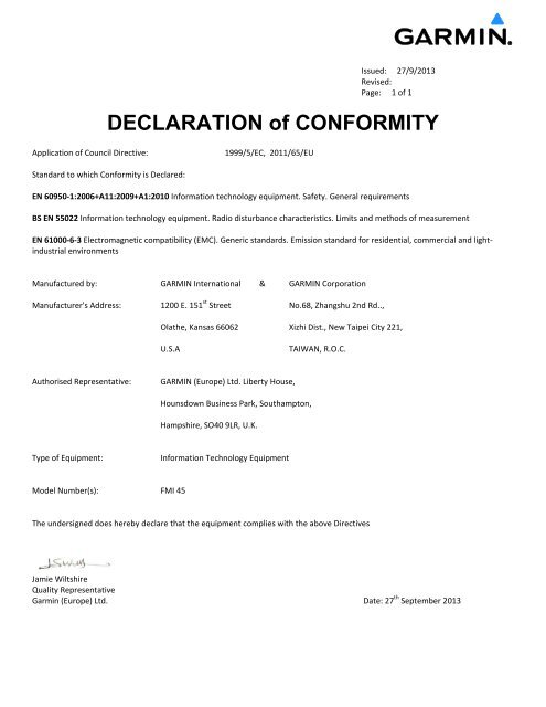 Garmin Declarations of Conformity - FMI 45
