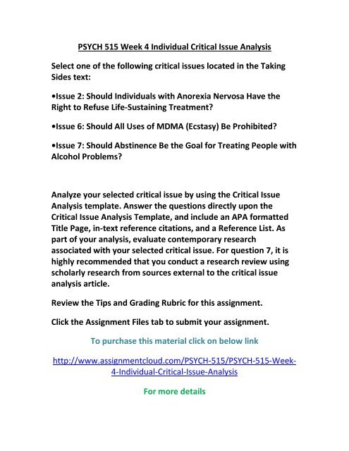 new PSYCH 515 Week 4 Individual Critical Issue Analysis