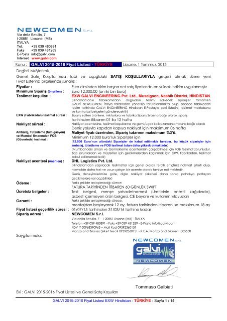 GALVI 2015-2016 Price List EXW India - TURKEY[1]