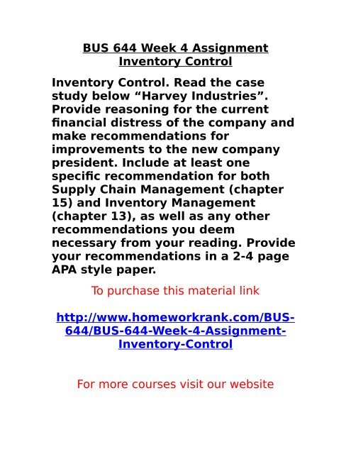 BUS 644 Week 4 Assignment Inventory Control BUS 644 Week 4 Assignment Inventory Control