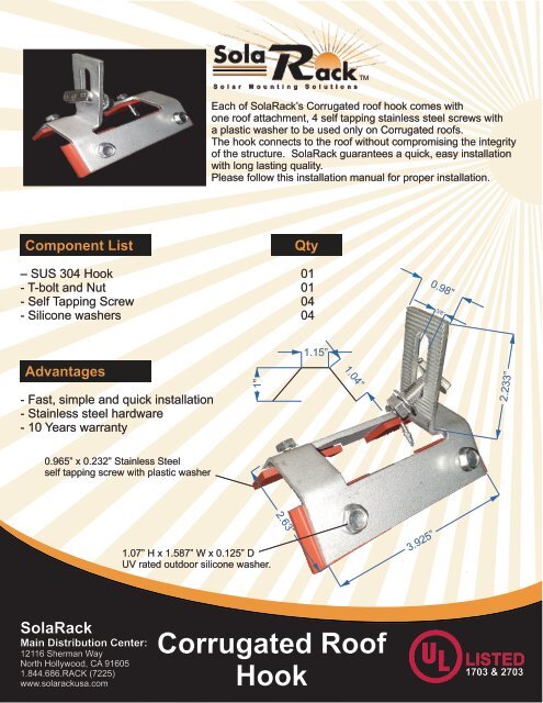 SolaRack Corrugated Roof Hook Data Sheet