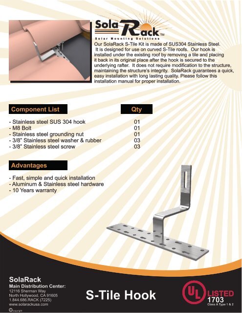 SolaRack S-Tile Hook Data Sheet