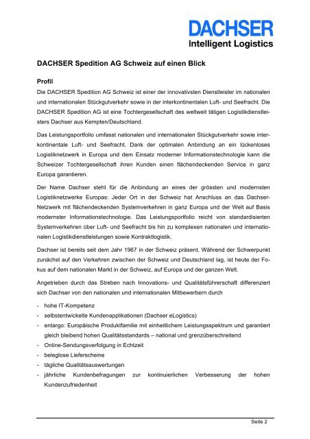 DACHSER Spedition AG Schweiz auf einen Blick - bei Dachser