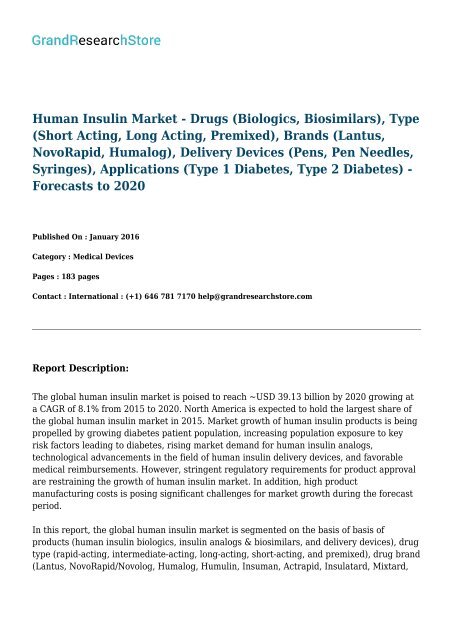 Human Insulin Market - Drugs (Biologics, Biosimilars), Type (Short ...