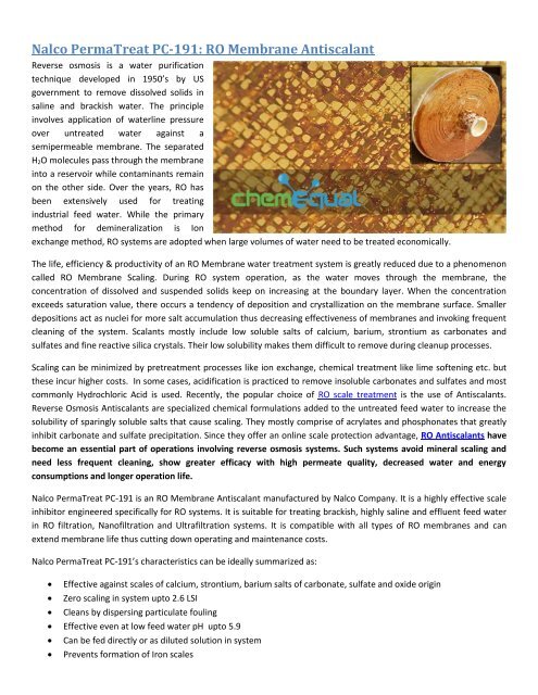 Nalco PermaTreat PC-191 RO Membrane Antiscalant - ChemEqual