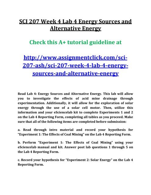 ASH SCI 207 Week 4 Lab 4 Energy Sources and Alternative Energy