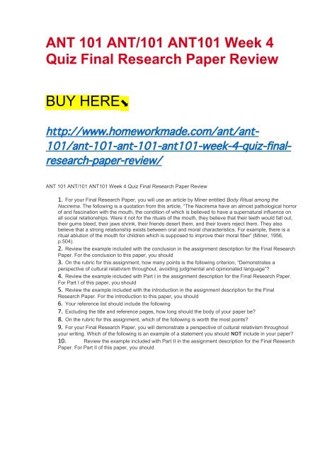 ANT 101 ANT:101 ANT101 Week 4 Quiz Final Research Paper Review