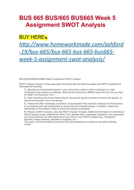 BUS 665 BUS665 BUS665 Week 5 Assignment SWOT Analysis
