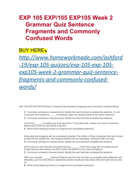 EXP 105 EXP105 EXP105 Week 2 Grammar Quiz Sentence Fragments and ...
