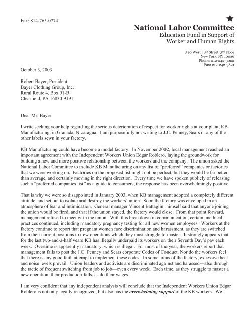 National Labor Committee Letter to Bayer Clothing Group