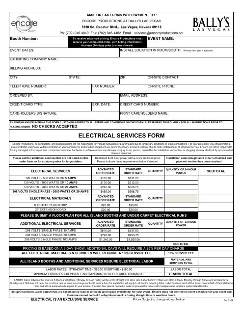 Electrical Services Form - Ballys - 1-1-12 - Freedom Fest