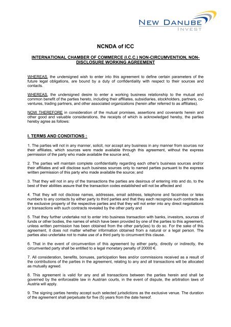 NCNDA of ICC - New Danube Invest