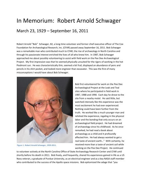 In Memorium: Robert Arnold Schwager - The Coe Foundation for ...