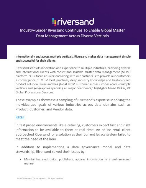 Industry-Leader Riversand Continues To Enable Global Master Data ...