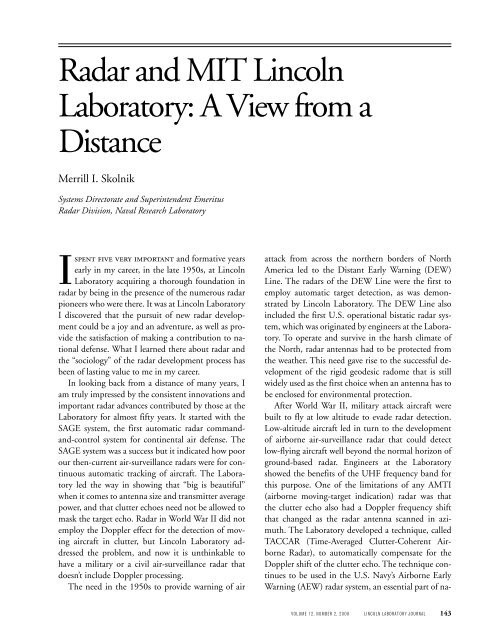 Radar and MIT Lincoln Laboratory: A View from a Distance