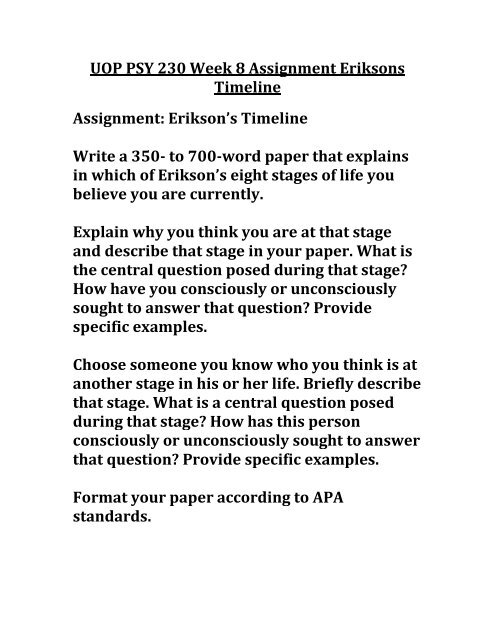 UOP PSY 230 Week 8 Assignment Eriksons Timeline