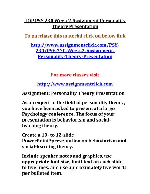 UOP PSY 230 Week 2 Assignment Personality Theory Presentation