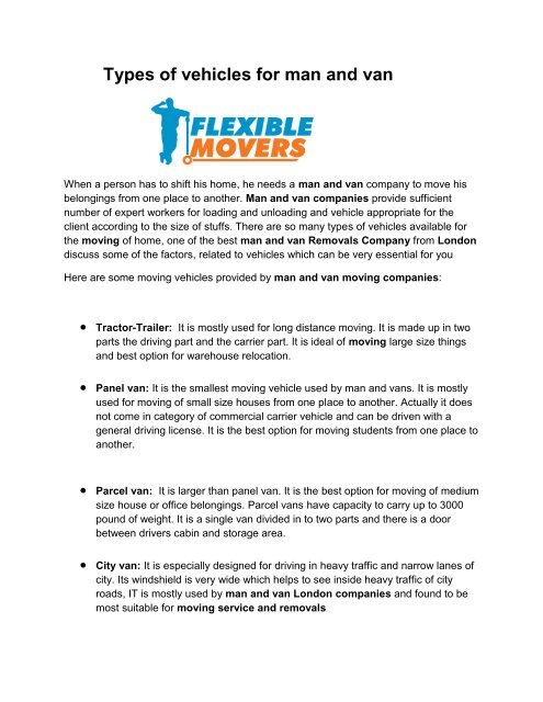 Types of vehicles for man and van