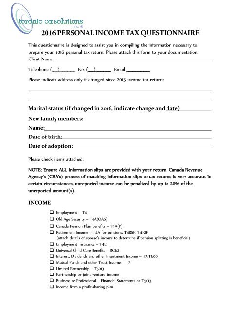 2016 PERSONAL INCOME TAX QUESTIONNAIRE