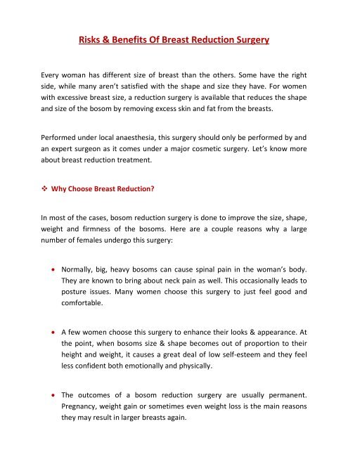 Risks and Benefits Of Breast Reduction Surgery
