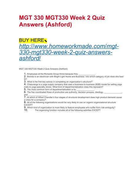 MGT 330 MGT330 Week 2 Quiz Answers (Ashford)