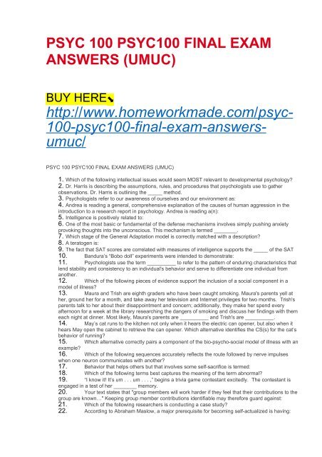 PSYC 100 PSYC100 FINAL EXAM ANSWERS (UMUC)