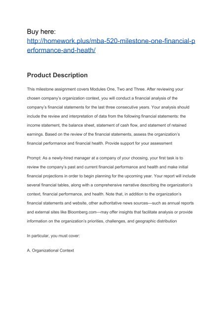 MBA 520 Milestone One Financial Performance and Heath